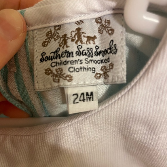 southern sass smocks | Other | Striped Green And White Baby Romper With ...